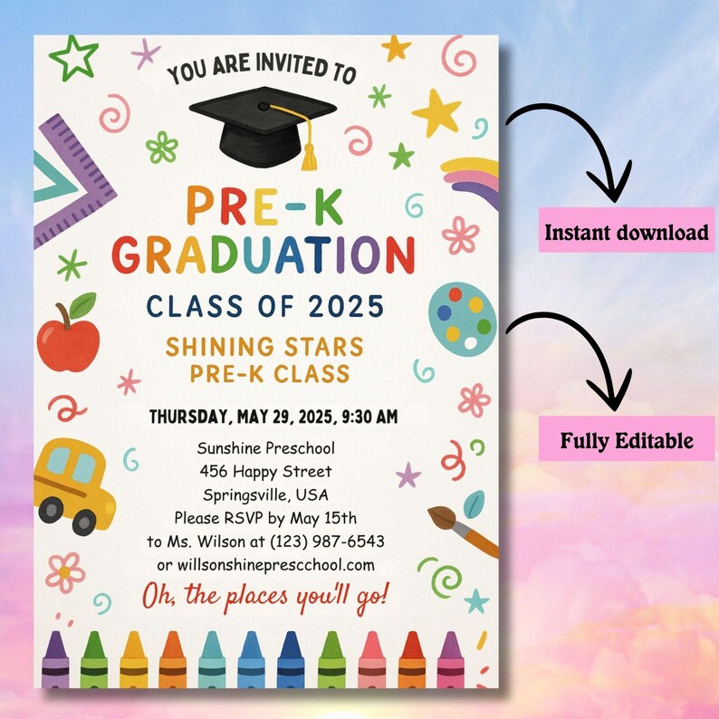 Preschool Graduation Invitation, Pre-k Grad Announcement Card Editable ...