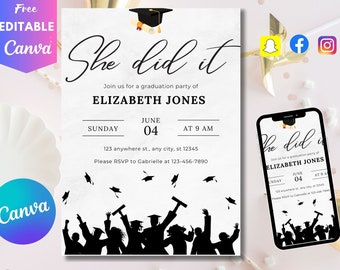She Did It Graduation Invitation, Graduation Invitation Template ...