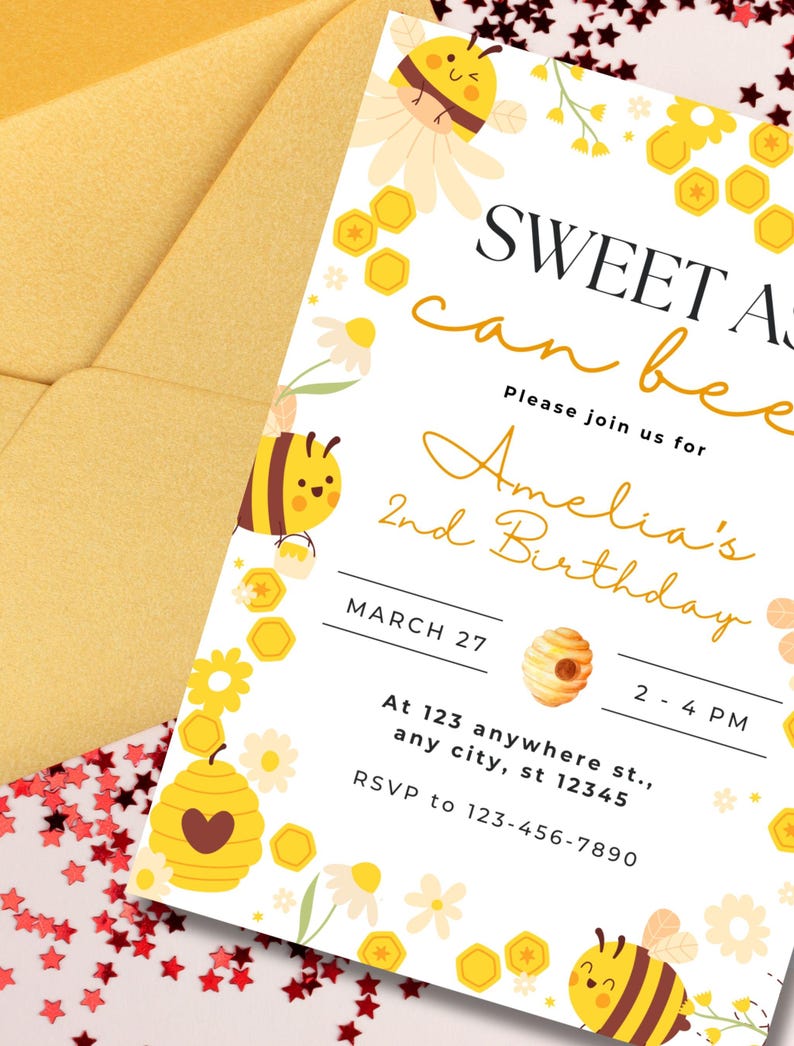 Bee First Birthday Invite First Bee Day Invitation Honey Bee 1st ...