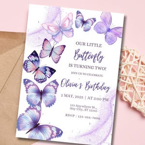 Purple Butterfly Birthday Invitation: Pastel Girl 1st Birthday ...