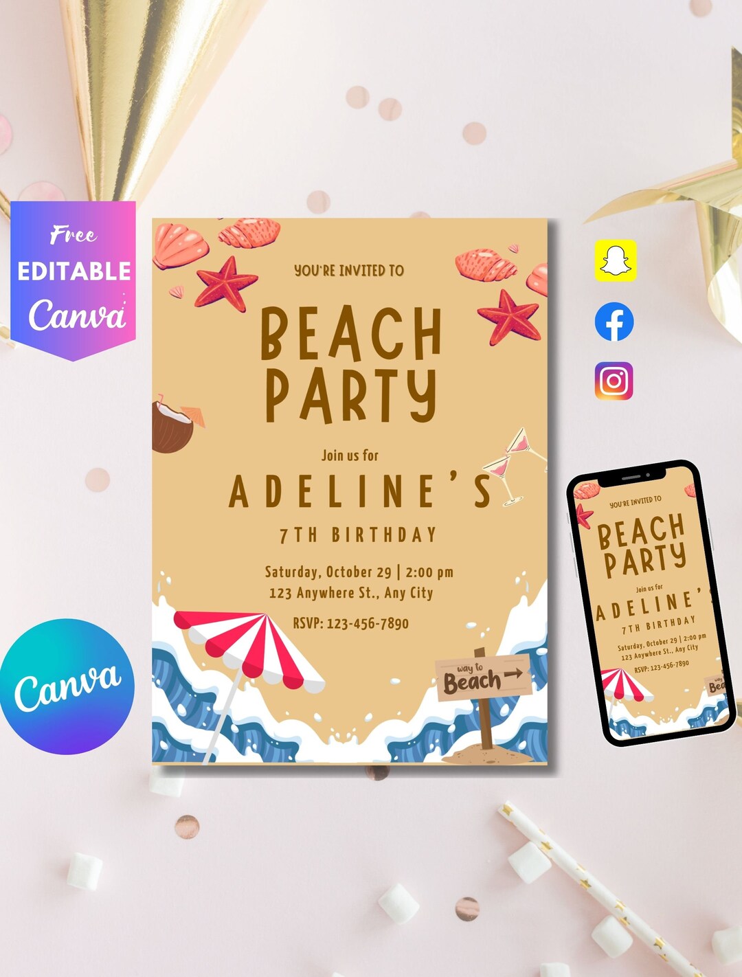 Editable Beach Birthday Party Invitation Template (digital Canva) - Etsy