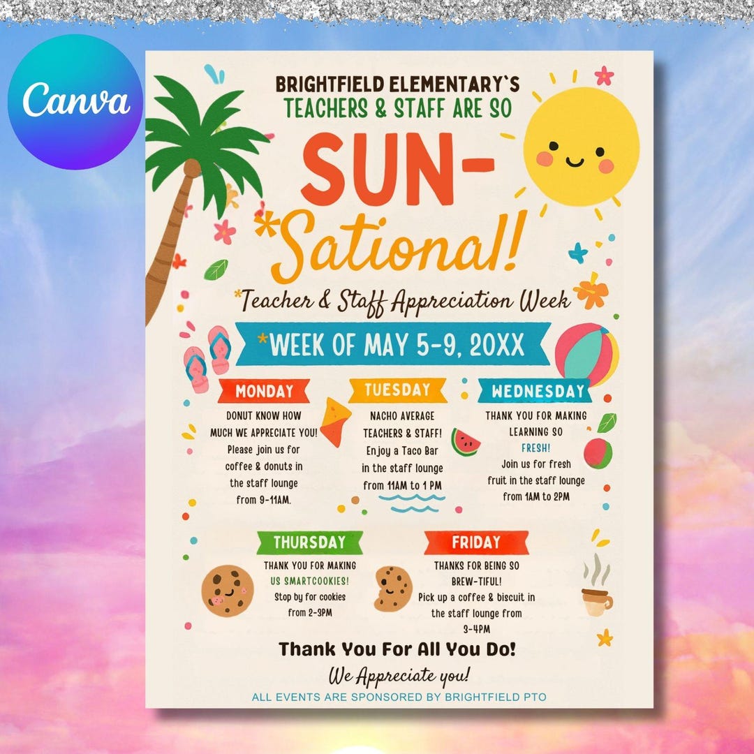 Editable Beach Theme Teacher & Staff Appreciation Sunsational Itinerary ...