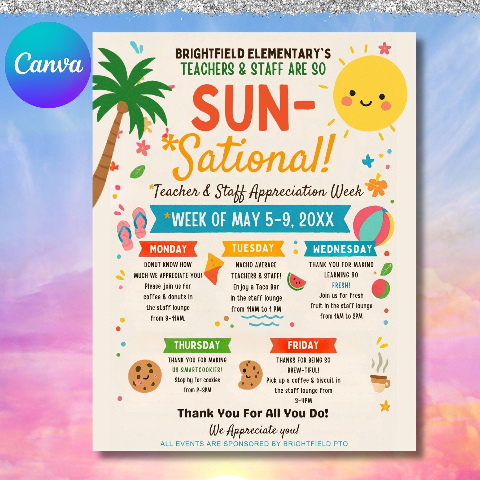 Editable Beach Theme Teacher & Staff Appreciation Sunsational Itinerary ...