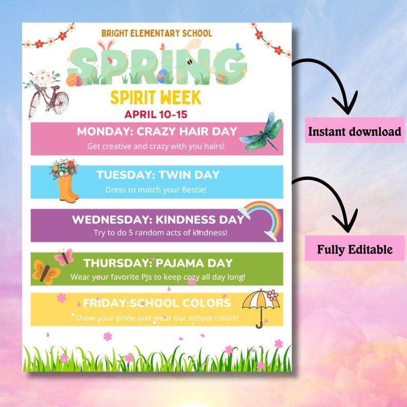 Editable Spring Spirit Week Flyer Canva Template, School Spirit ...