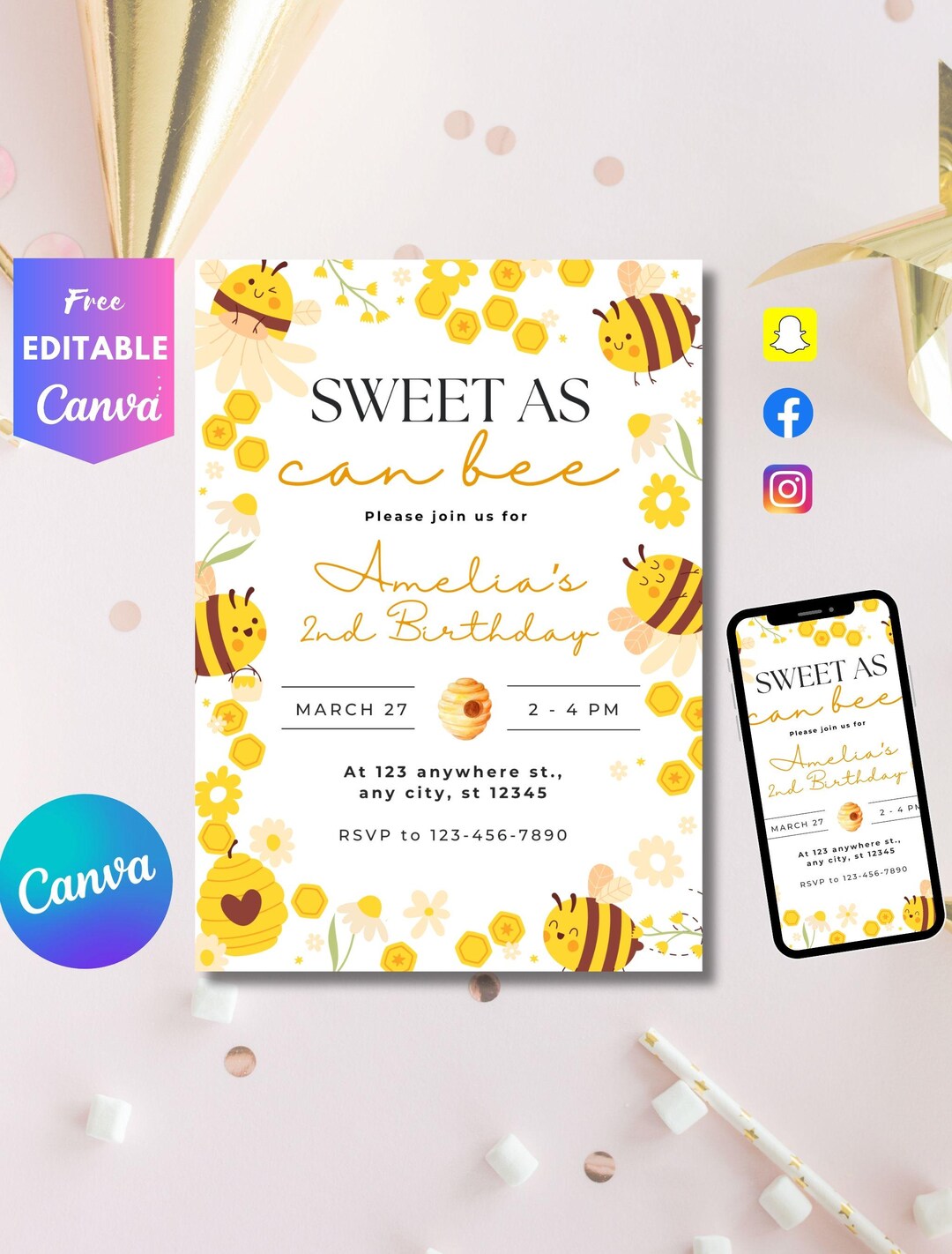 Bee First Birthday Invite First Bee Day Invitation Honey Bee 1st ...