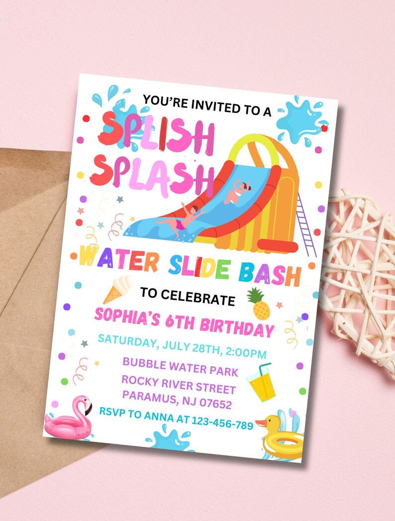 Waterslide Birthday Invitation Boy Girl 1st Birthday Party Invite Pink ...