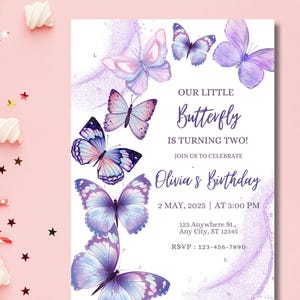 Editable Purple Butterfly Birthday Invitation Girl 1st Birthday Invite ...