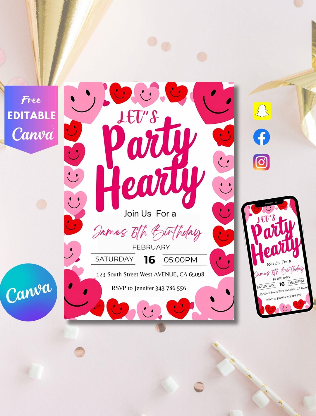 Party Hearty Valentine's Birthday Invitation Editable Heart Valentine's ...