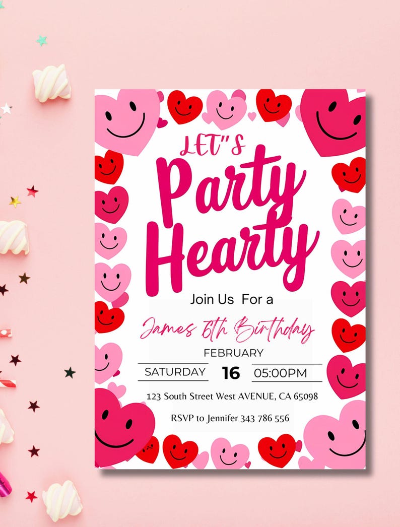 Party Hearty Valentine's Birthday Invitation Editable Heart Valentine's ...