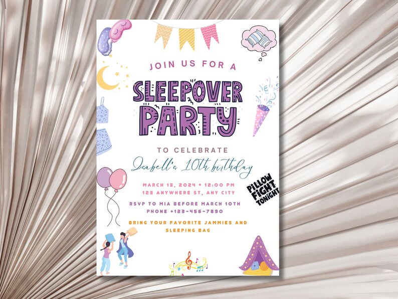 Editable Slumber Party Birthday Invitation Sleepover Birthday Invite