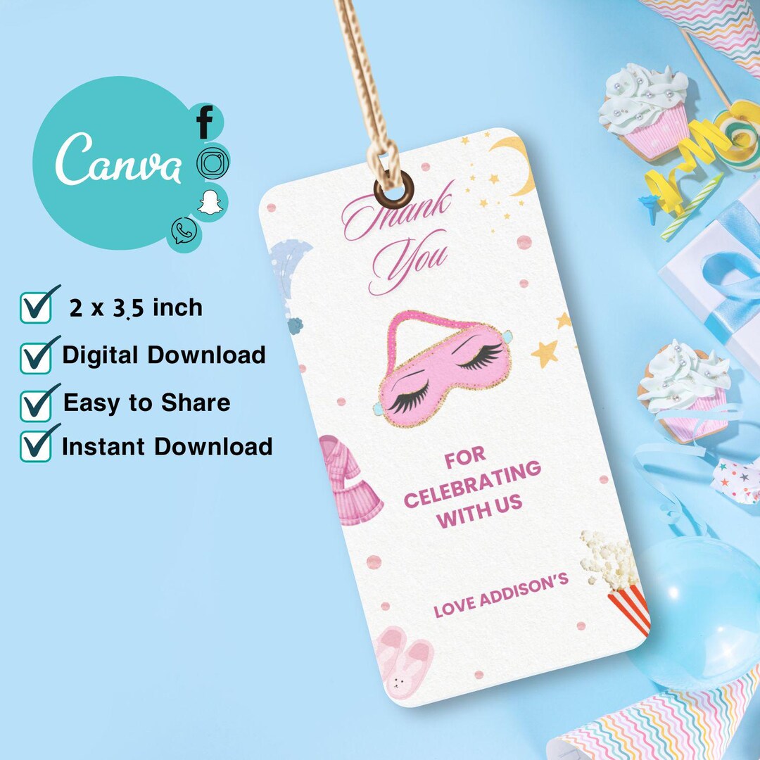 Editable Slumber Party Thank You Tag: Pink Sleepover Favor (digital ...