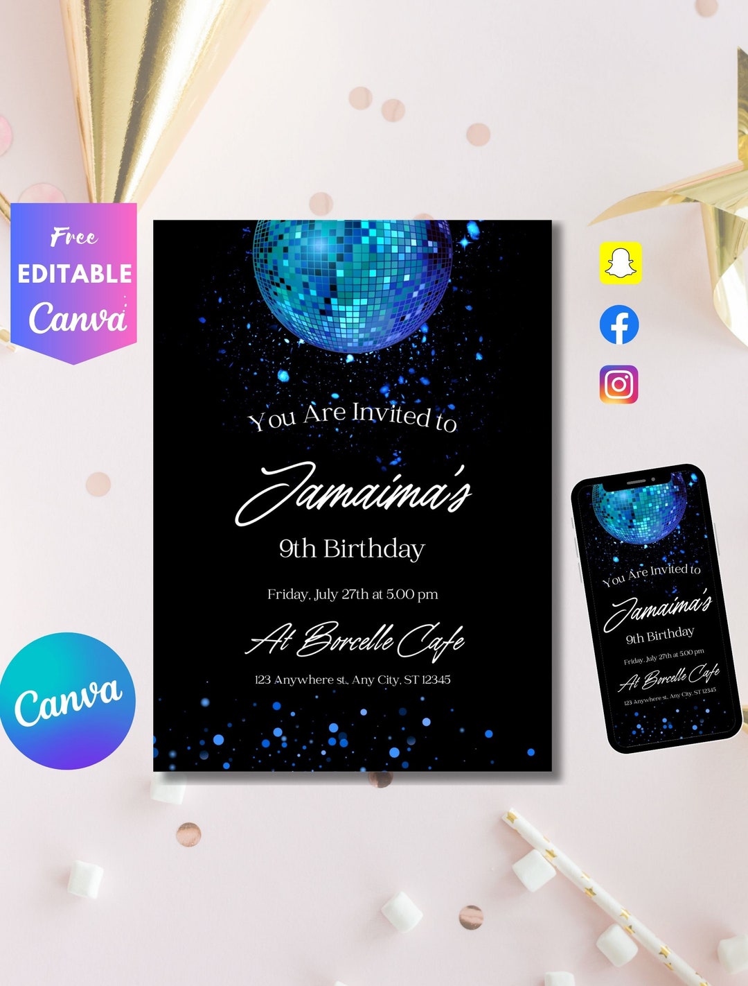 Editable Disco Party Birthday Invitation, Disco Gender Neutral Invites ...