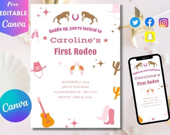 Editable First Rodeo Birthday Invitation Template, Printable Wild West ...