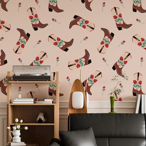 Cowgirl Boots Wallpaper, Western Peel and Stick Mural, Boho Style ...