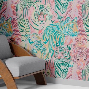 Funky 70s Tiger Wallpaper: Mid Century Animal Print, Peel and Stick - Etsy
