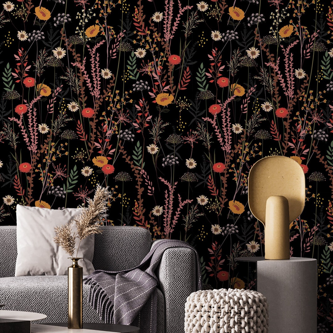Dark Wildflower Wallpaper, Botanical Peel and Stick Wall Mural, Accent ...
