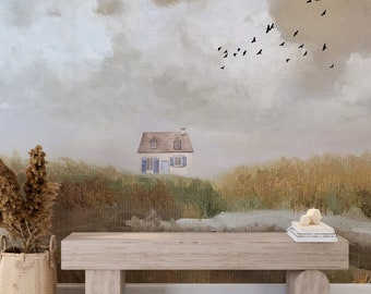 Subtle Wallpaper, Watercolor Landscape Wall MURAL. Painting, Trees ...