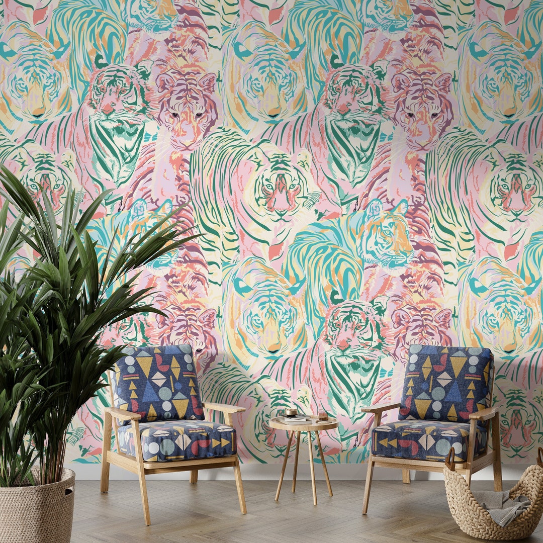 Funky 70s Tiger Wallpaper: Mid Century Animal Print, Peel and Stick - Etsy