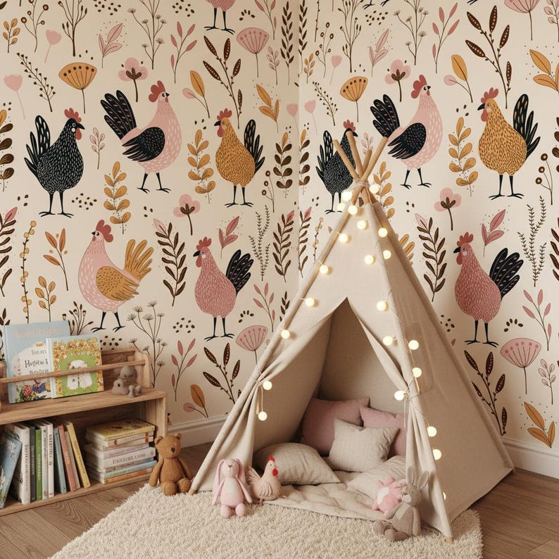 Chicken Wallpaper - Farmhouse Rooster & Floral Peel and Stick | Nordic ...