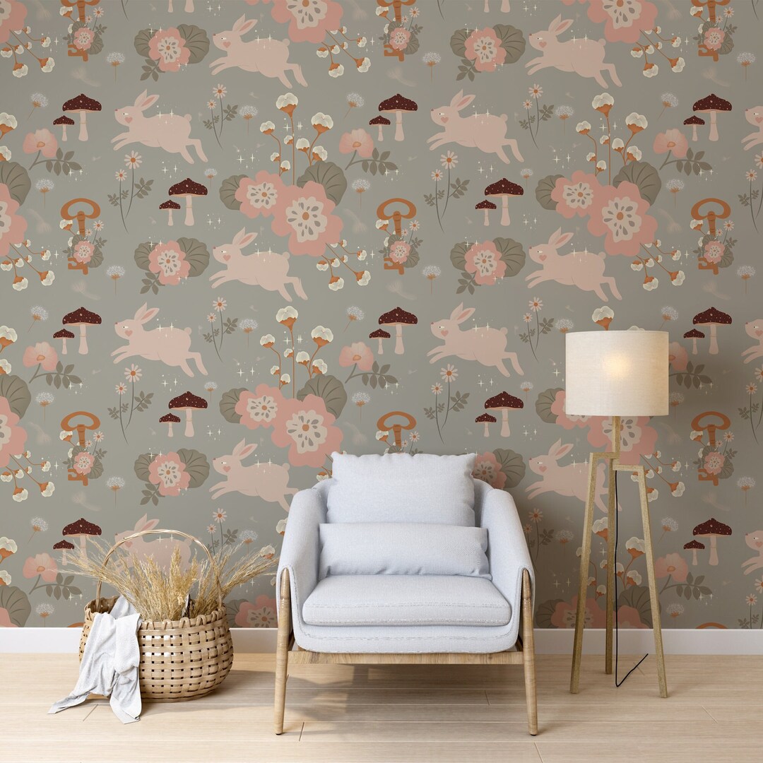 Woodland Wallpaper Rabbit and Mushrooms Peel and Stick Wall Mural ...