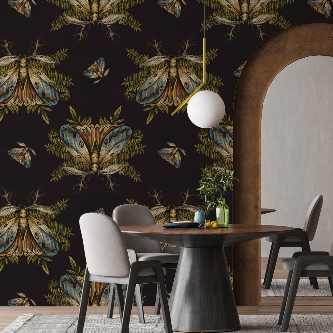 Removable Wallpaper Vintage Moth and Fern, Peel and Stick Woodland Wall ...