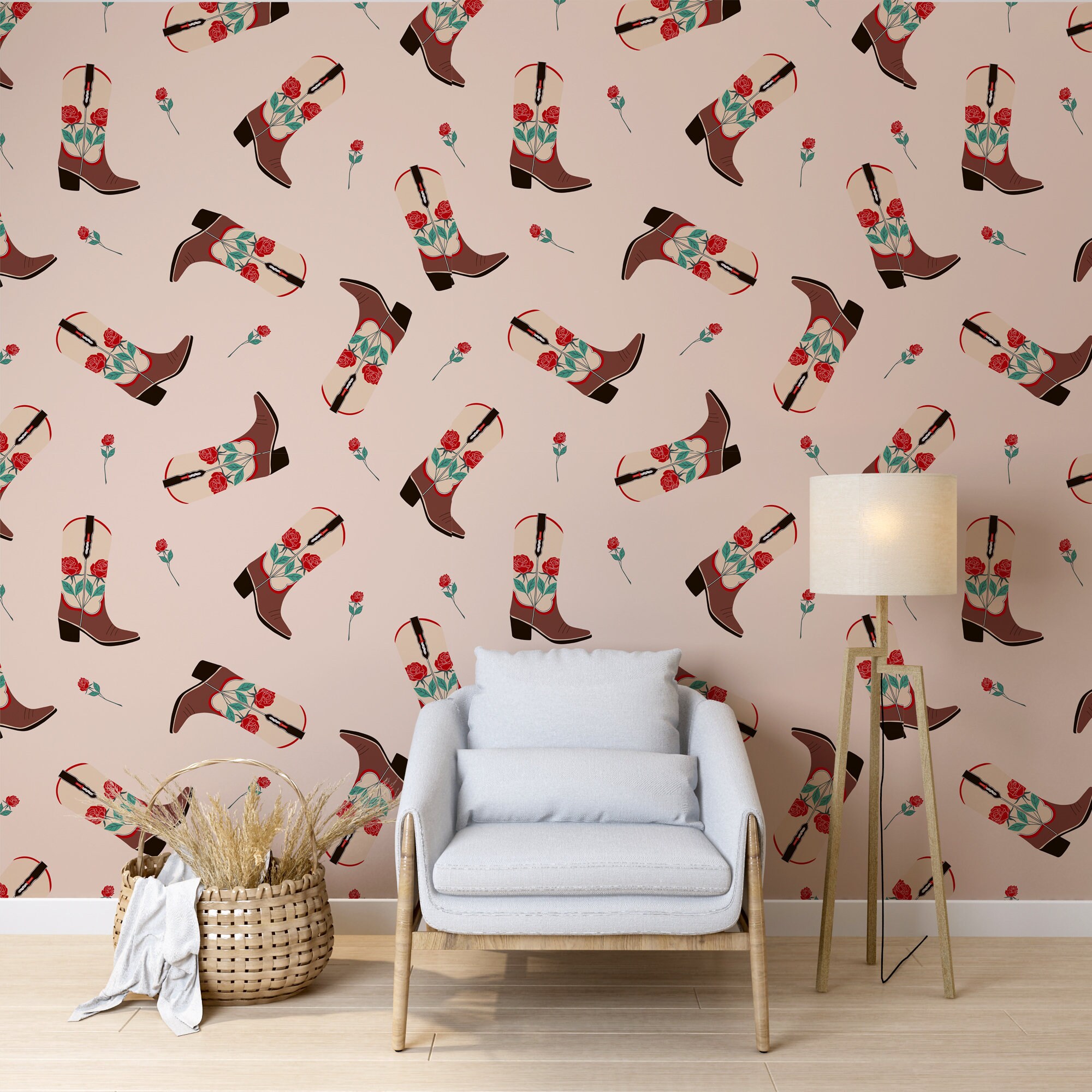 Cowgirl Boots Wallpaper, Western Peel and Stick Mural, Boho Style ...