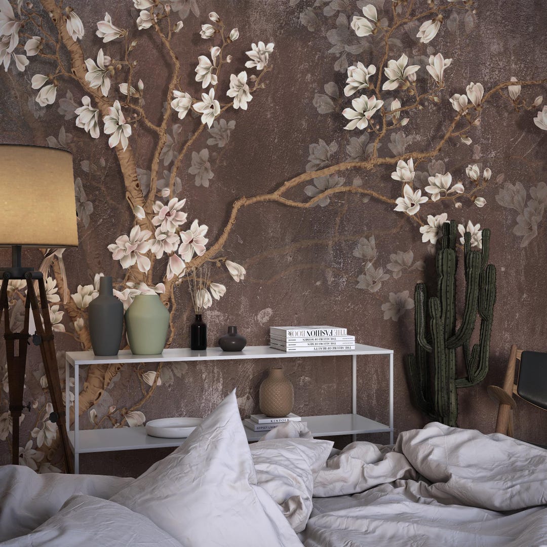 Dark Magnolia Wallpaper Mural - Moody Floral Peel and Stick -elegant ...
