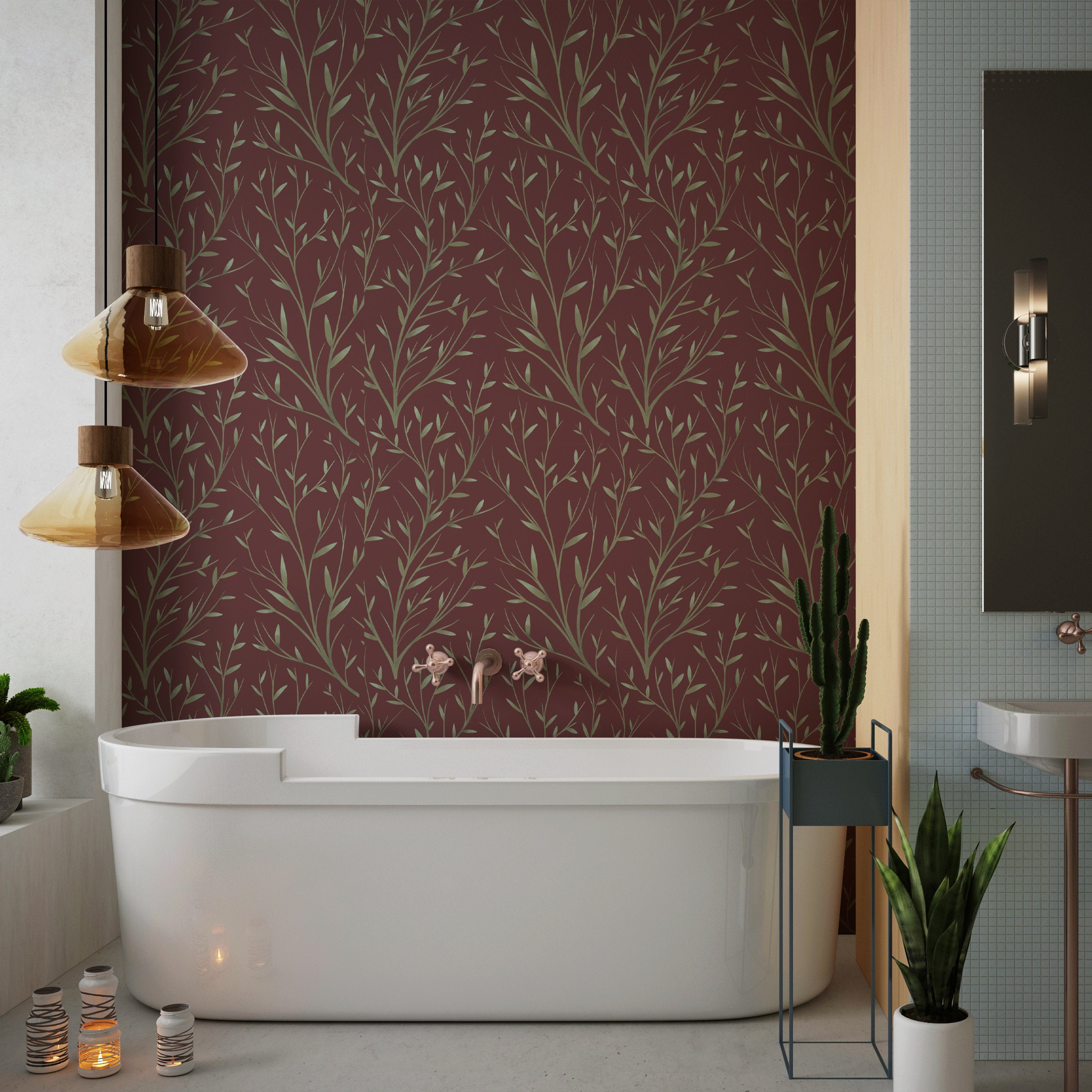 Maroon Wallpaper Botanical Art Deco Vintage Mural, Peel and Stick or ...