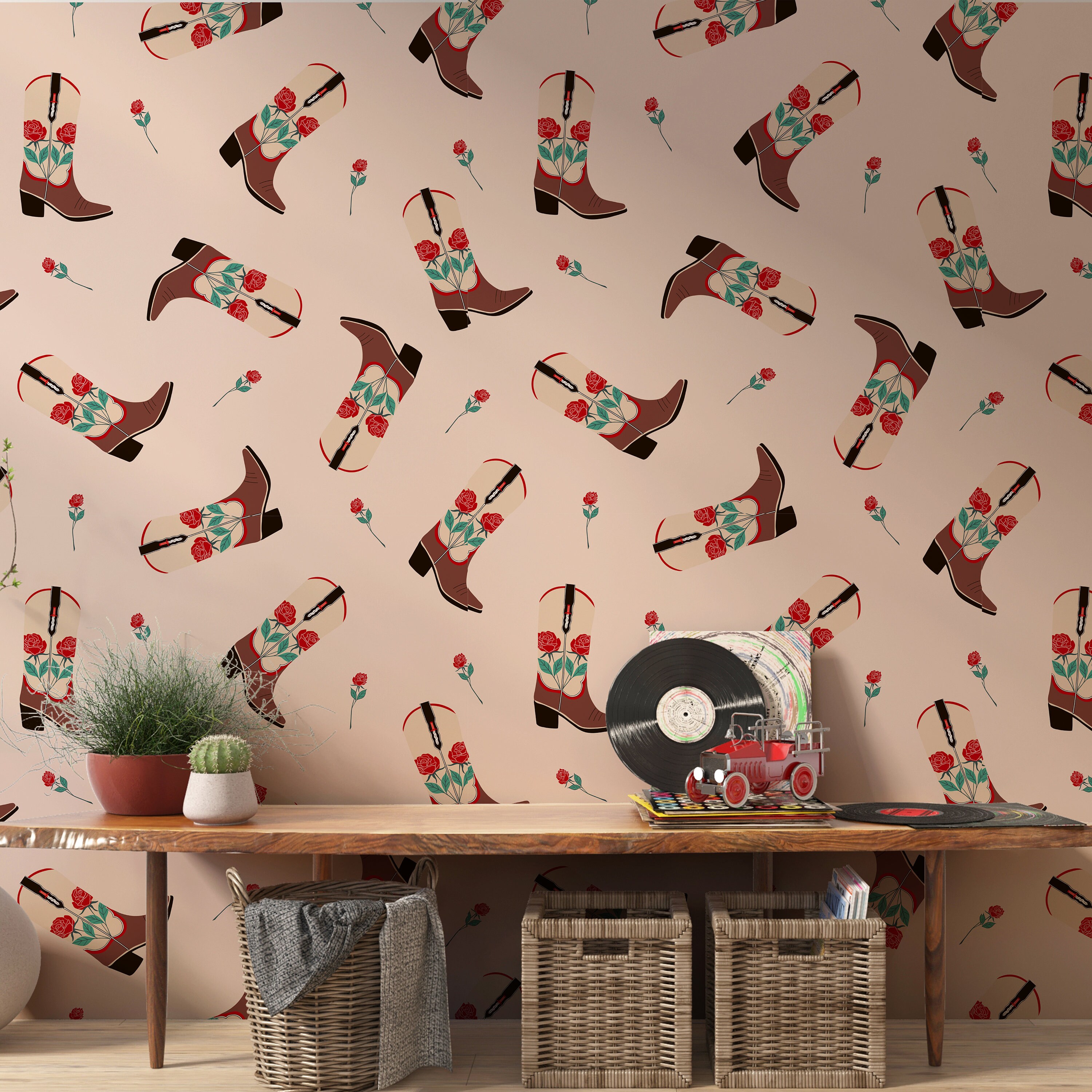 Cowgirl Boots Wallpaper, Western Peel and Stick Mural, Boho Style ...