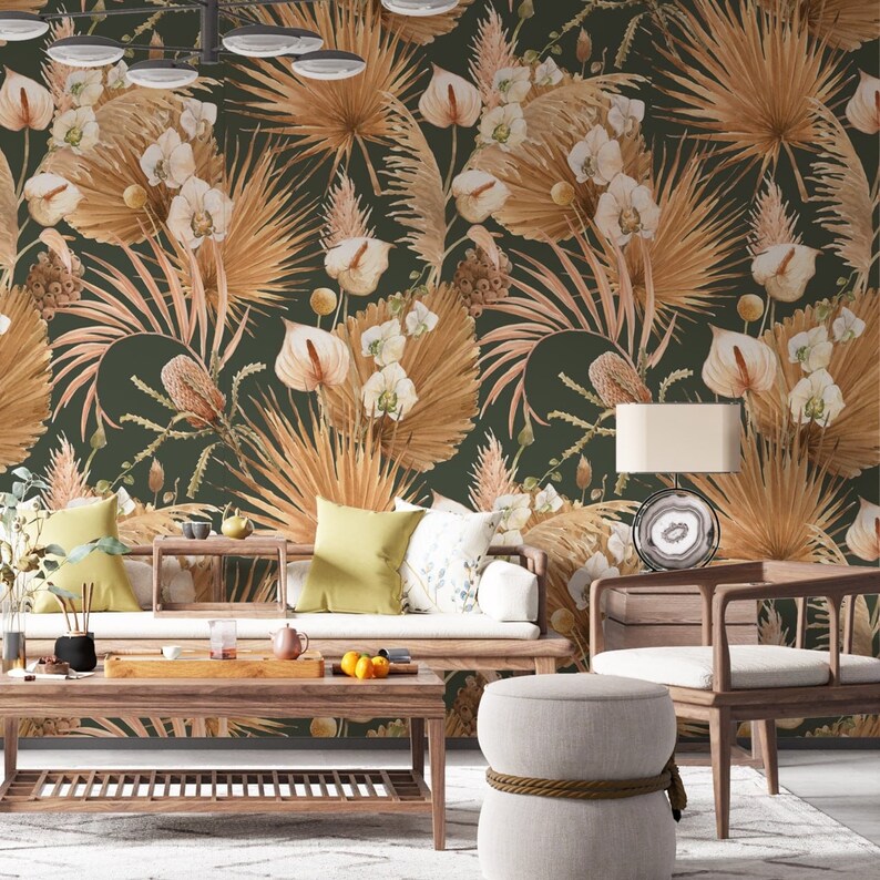 Tropical Wallpaper, Boho Botanical Mural, Vintage Tropical Flowers Wall ...