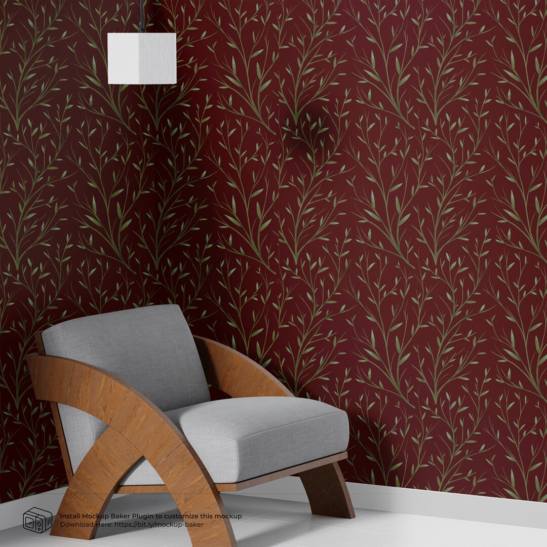 Maroon Wallpaper Botanical Art Deco Vintage Mural, Peel and Stick or ...