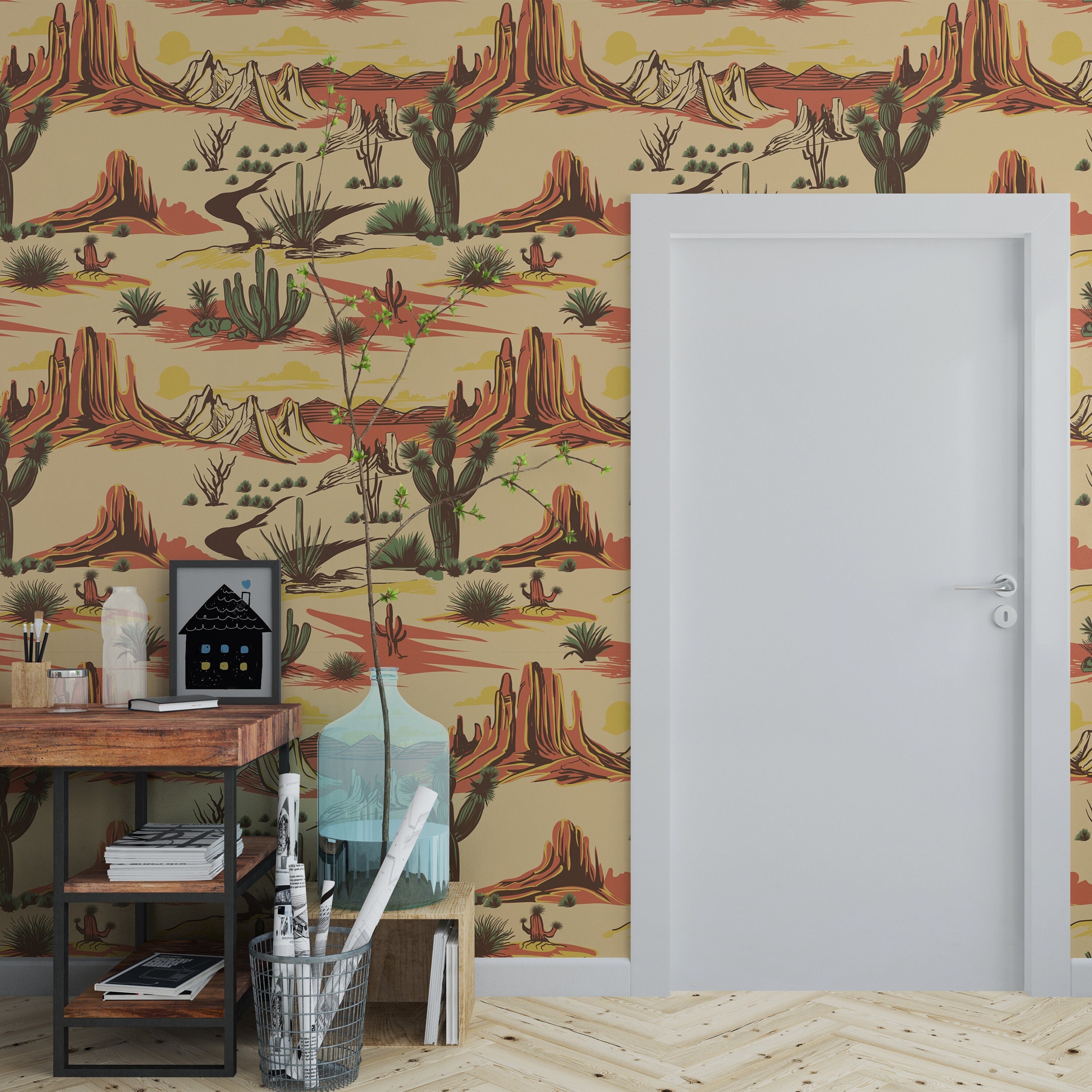 Western Wallpaper Desert Mural, Rustic Wild West Peel and Stick ...