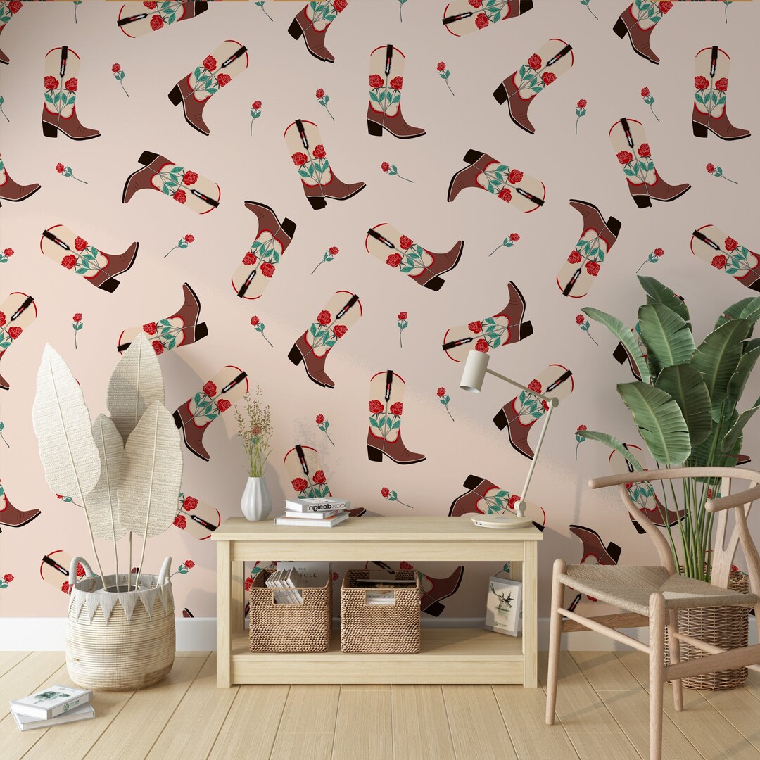 Cowgirl Boots Wallpaper, Western Peel and Stick Mural, Boho Style ...