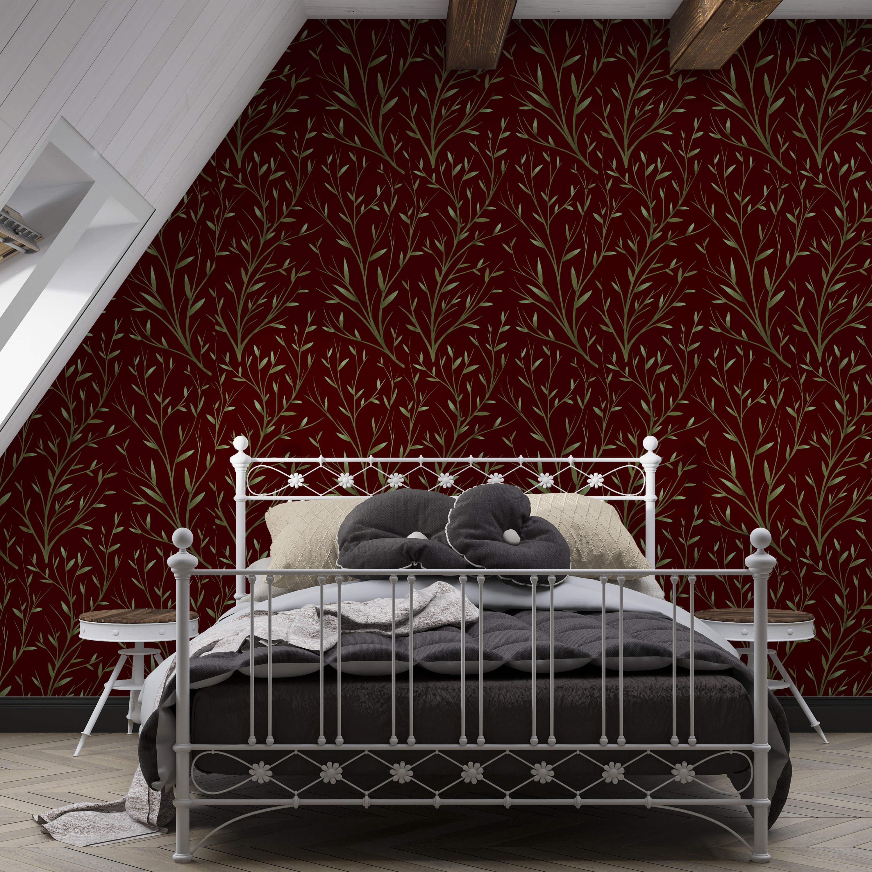 Maroon Wallpaper Botanical Art Deco Vintage Mural, Peel and Stick or ...