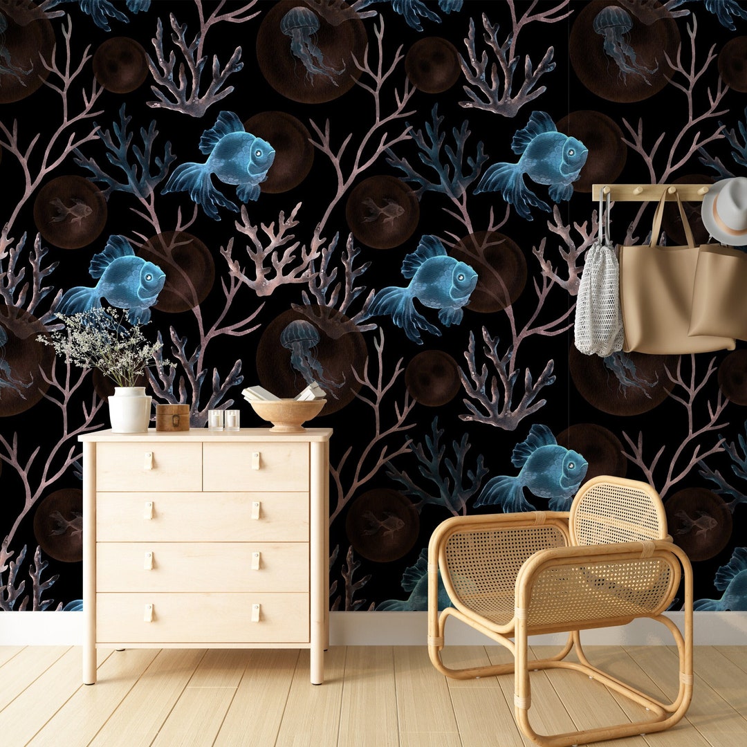Dark Fish Pattern Wallpaper: Peel and Stick Removable Wallpaper - Etsy UK