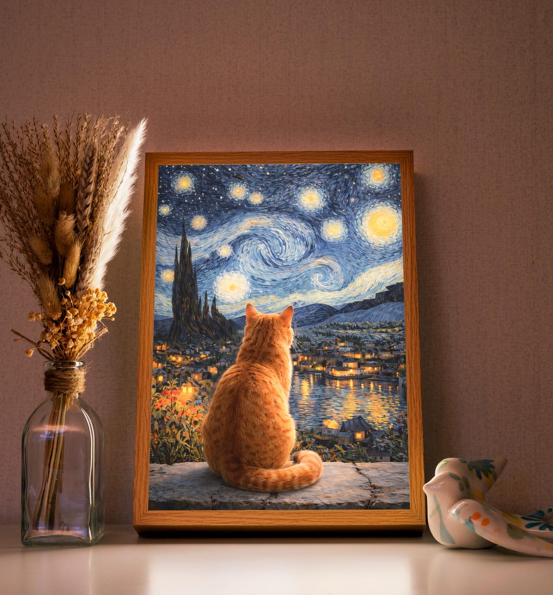 Ginger Tabby Cat Starry Night Van Gogh LED Dimmable Night Light ...