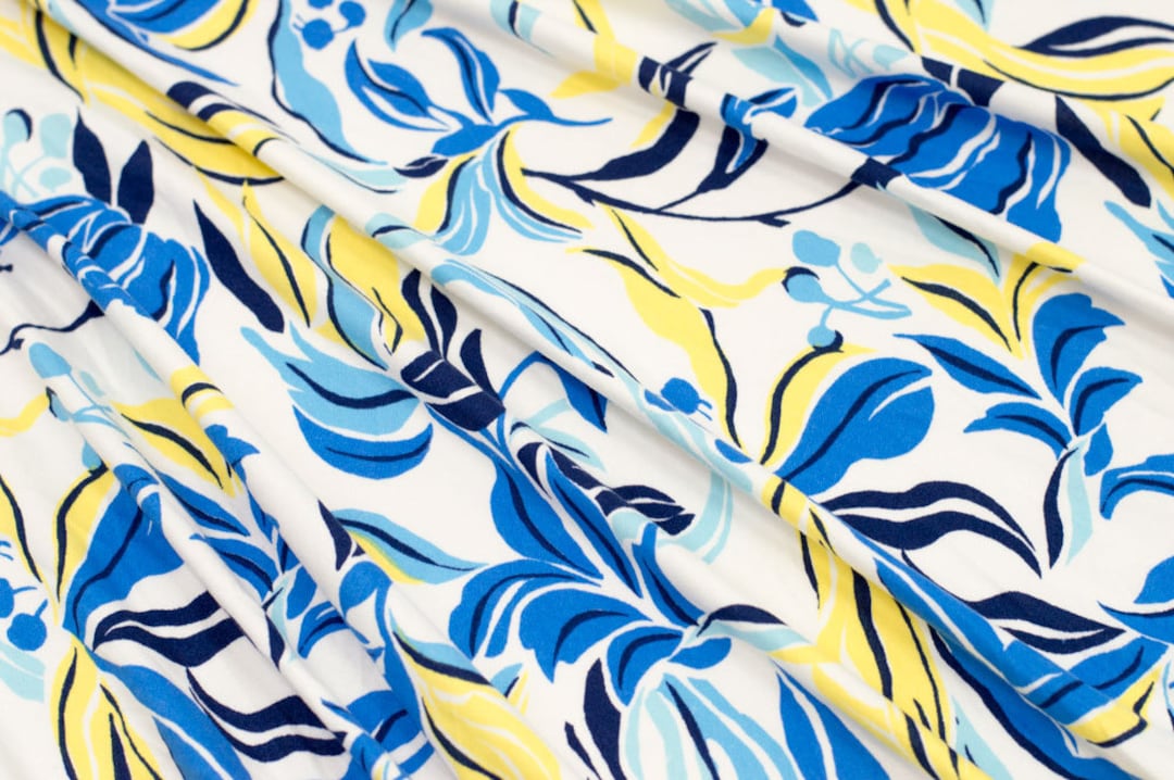 Double Brushed Blue & Yellow Floral • DBP Fabric • Fabric by the 1/2 ...