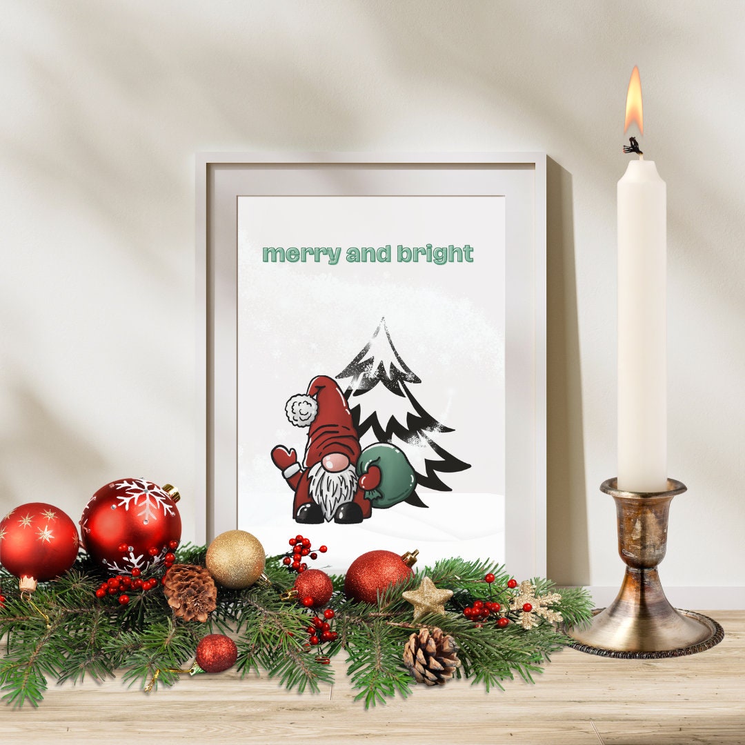 Santa Gnome Christmas Printable PDF Art Merry and Bright - Etsy
