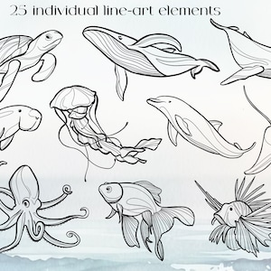 Sea Creatures Line Art SVG, PNG, and EPS Graphics. Marine Animals ...