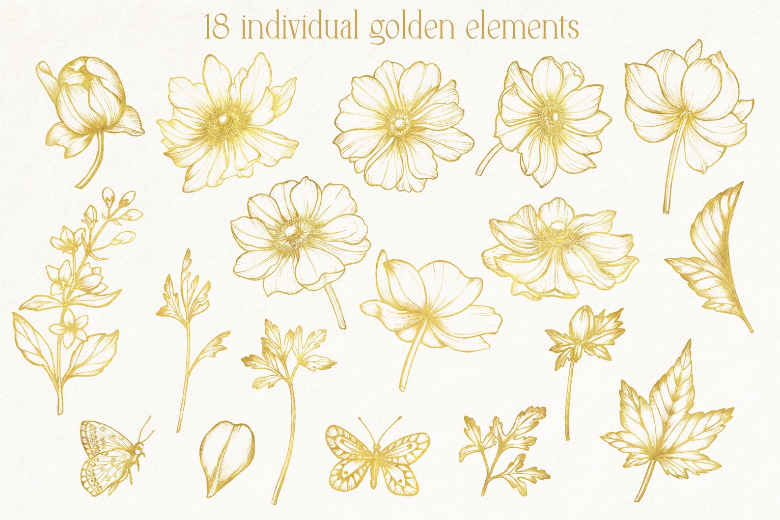 Golden Floral Sketches, Flowers Png, Golden сlipart, Golden Leaves ...
