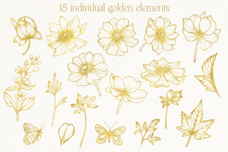 Golden Floral Sketches, Flowers Png, Golden сlipart, Golden Leaves ...