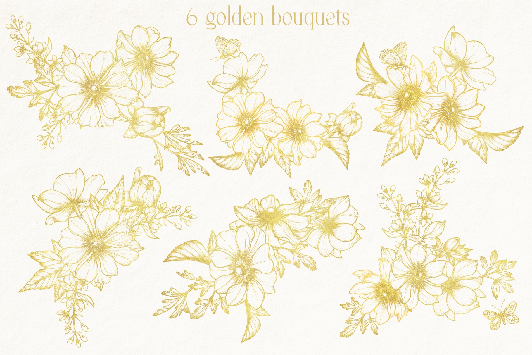 Golden Floral Sketches, Flowers Png, Golden сlipart, Golden Leaves ...