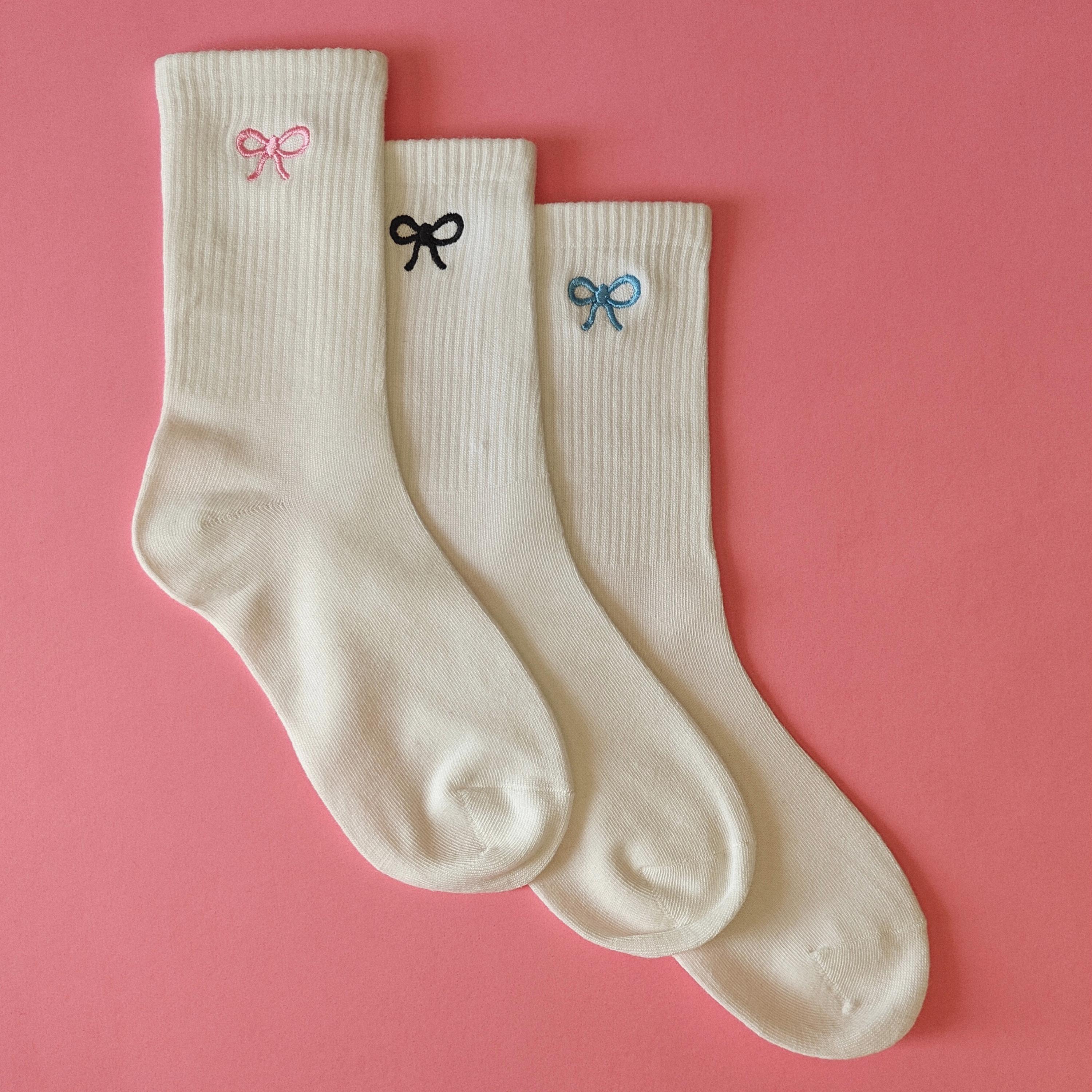 Dainty Bow Socks Ribbon Embroidered Coquette Socks Womens Socks Girly ...