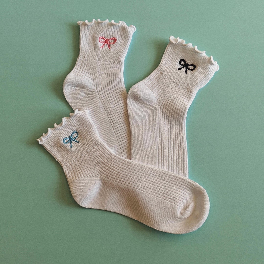 Bow Embroidered Socks Ribbon Embroidered Coquette Socks Women's Ruffled ...