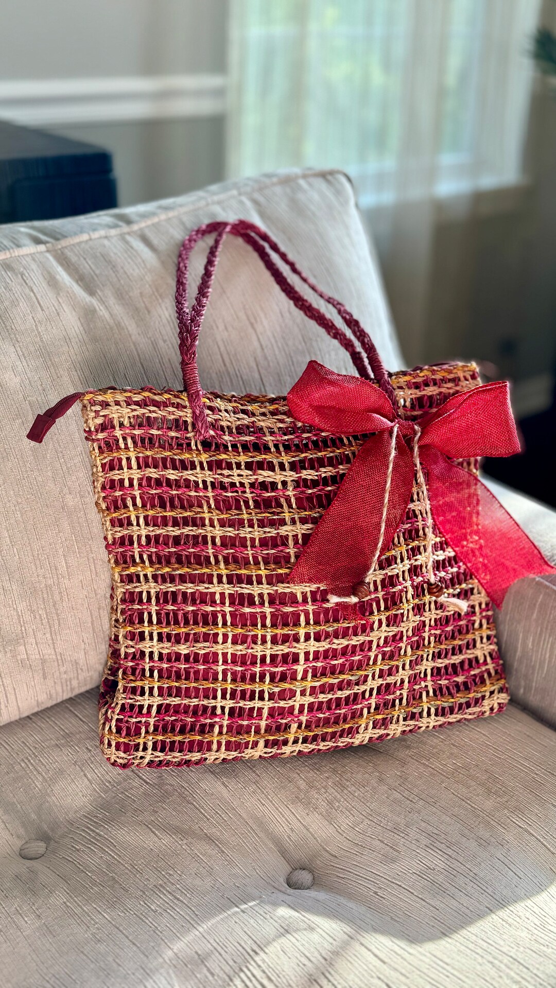 Large Vintage Jute Bag / Woven Red Bow Bag - Etsy