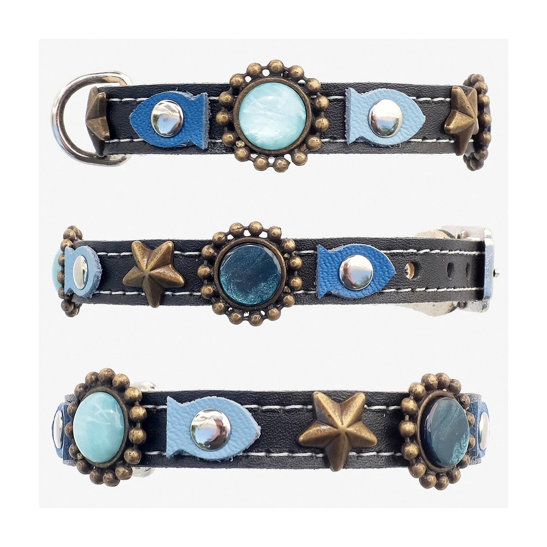 Fancy Cat Collar Fantasy Design With Cute Blue Leather Fish and Luxury ...