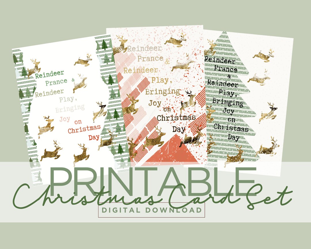 Reindeer Christmas Card Set Three Printable 5x7 Card Digital - Etsy