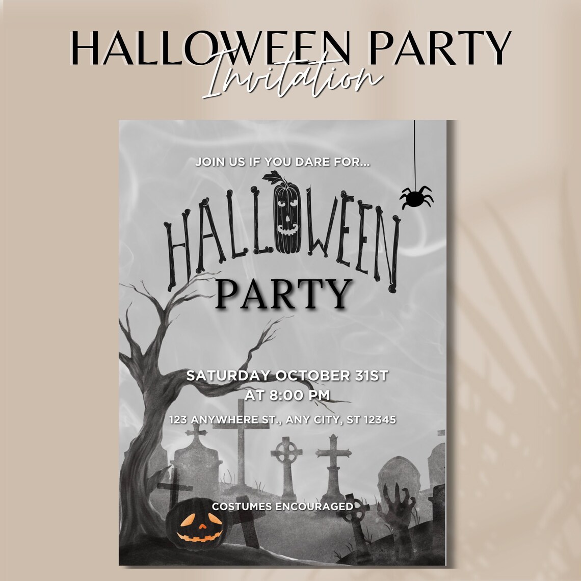 Editable Halloween Party Invitation Template, Gothic Cemetery Halloween ...
