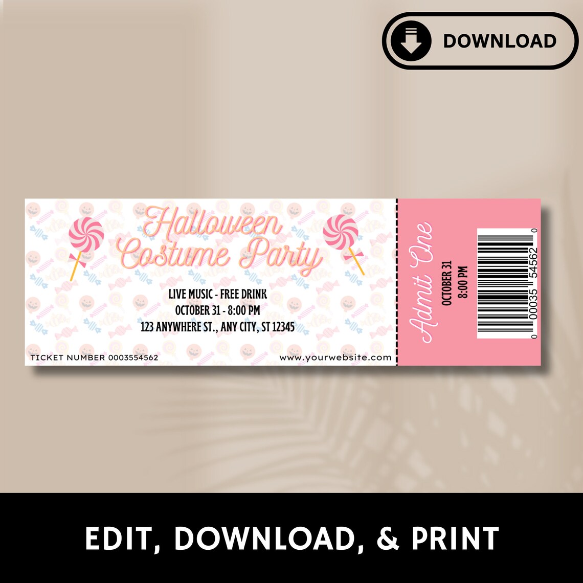 Cute Candy Halloween Ticket Invitation Template, Sweet Spooky Party ...