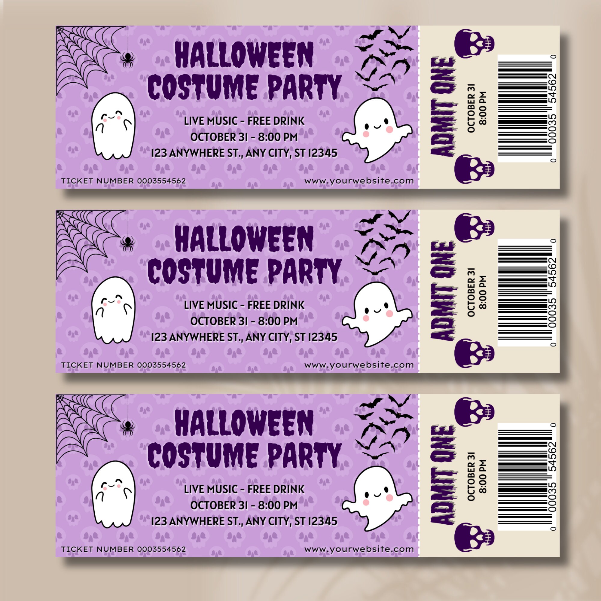 Cute Purple Halloween Ticket Invitation | Spooky Ghostly Party Card ...